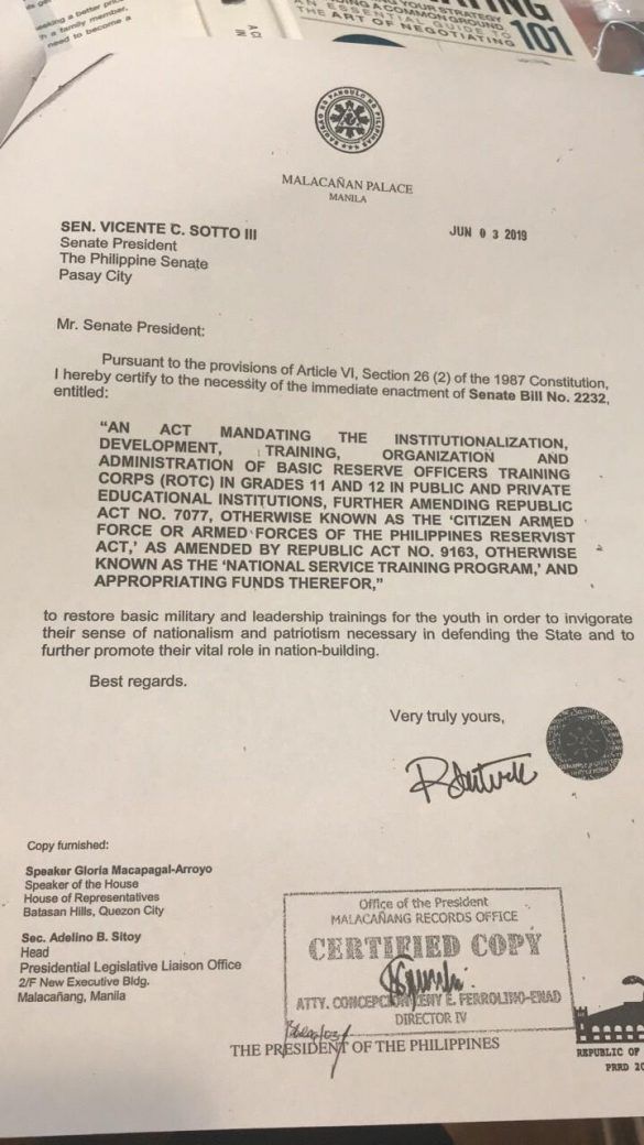 Duterte certifies mandatory ROTC bill - MNLToday.ph